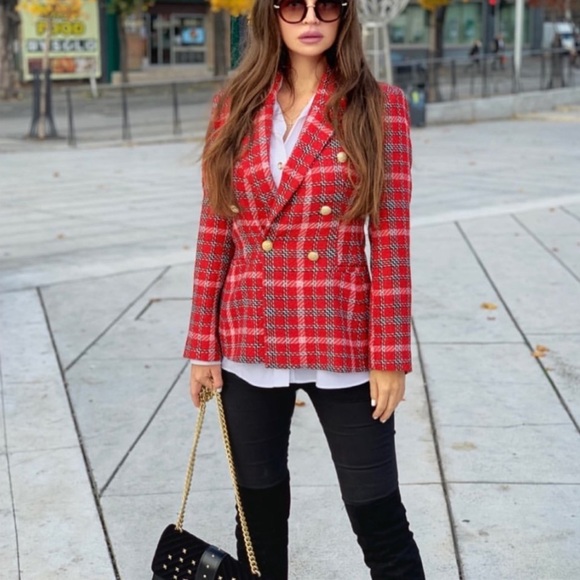 Zara | Jackets & Coats | Zara Double Breasted Red Plaid Blazer | Poshmark